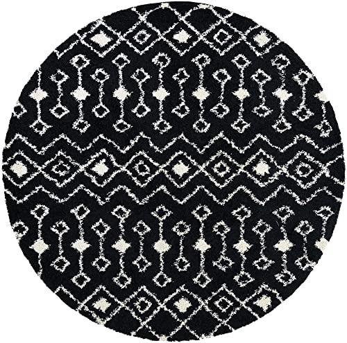 Unique Loom Moroccan Trellis Shag Collection Area Rug - Meknes (10' Round, Black and White)