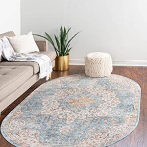 Unique Loom Newport Collection Area Rug - Elms (Oval 5' 3" x 8' 0", Blue/Ivory)