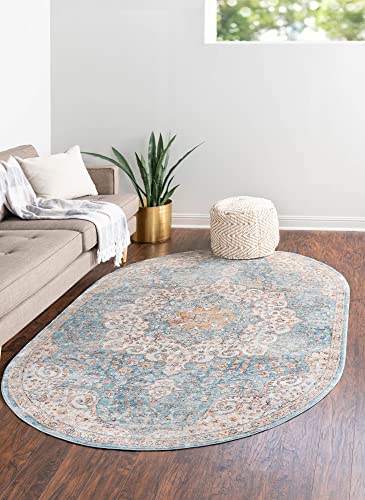 Unique Loom Newport Collection Area Rug - Elms (Oval 5' 3" x 8' 0", Blue/Ivory)