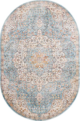 Unique Loom Newport Collection Area Rug - Elms (Oval 5' 3" x 8' 0", Blue/Ivory)