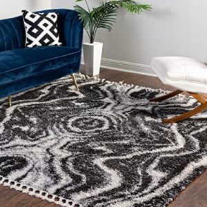 Unique Loom Hygge Shag Collection Area Rug - Valley (7' 10" Square, Black and White/Gray)