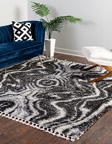 Unique Loom Hygge Shag Collection Area Rug - Valley (7' 10" Square, Black and White/Gray)