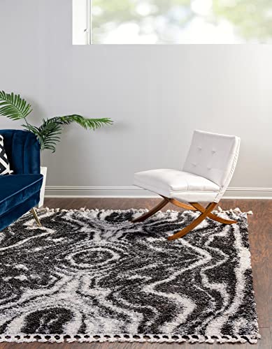 Unique Loom Hygge Shag Collection Area Rug - Valley (7' 10" Square, Black and White/Gray)