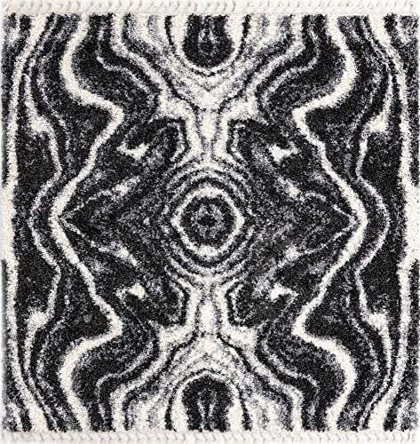 Unique Loom Hygge Shag Collection Area Rug - Valley (7' 10" Square, Black and White/Gray)