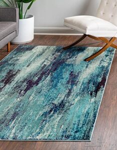 unique loom jardin collection colorful, vibrant, abstract watercolor area rug, rectangular 7′ 0″ x 10′ 0″, blue/gray