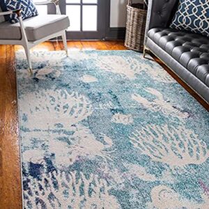 Unique Loom Positano Collection Coastal Modern Coral Lobster Shells Light Blue Area Rug (9' x 12')