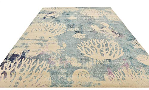 Unique Loom Positano Collection Coastal Modern Coral Lobster Shells Light Blue Area Rug (9' x 12')