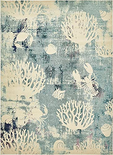 Unique Loom Positano Collection Coastal Modern Coral Lobster Shells Light Blue Area Rug (9' x 12')