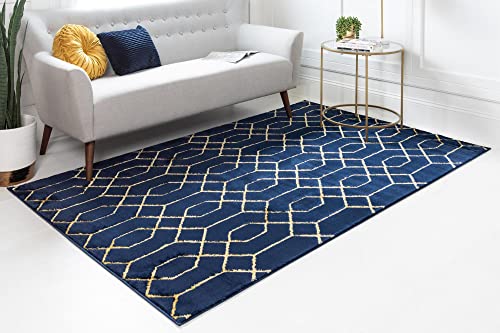 Unique Loom Glam Collection Geometric, Trellis, Metallics, Modern, Chic Area Rug, 9 ft 0 in x 12 ft 0 in, Navy Blue/Gold