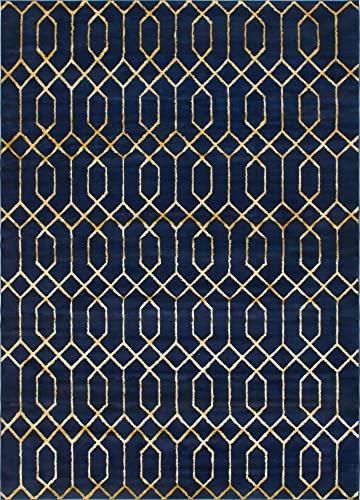 Unique Loom Glam Collection Geometric, Trellis, Metallics, Modern, Chic Area Rug, 9 ft 0 in x 12 ft 0 in, Navy Blue/Gold