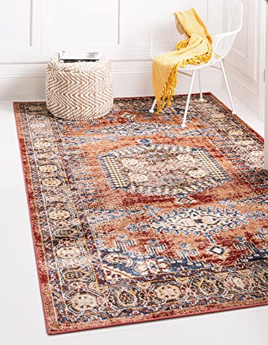 Unique Loom Utopia Collection Traditional Geometric Vintage Inspired Area Rug with Warm Hues, 8' x 10', Terracotta/Blue