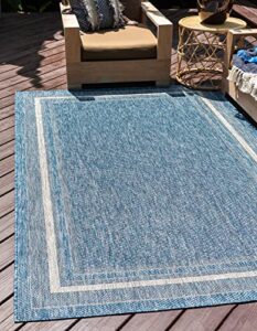 unique loom outdoor border collection transitional indoor & outdoor casual solid tonal border area rug (10′ 0 x 14′ 0 rectangular, blue/ beige)