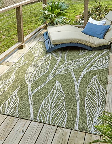 Unique Loom Collection Botanical, Coastal, Leaves, Indoor and Outdoor Area Rug, 8 ft x 11 ft 4 in, Green/Ivory