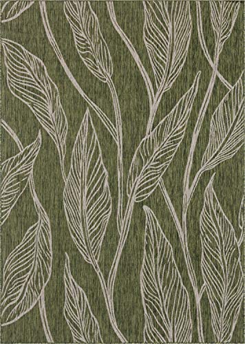 Unique Loom Collection Botanical, Coastal, Leaves, Indoor and Outdoor Area Rug, 8 ft x 11 ft 4 in, Green/Ivory