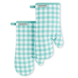 kitchenaid gingham oven mitt 2-pack set, aqua sky, 7″x13″