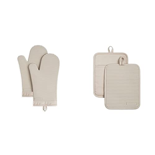 KitchenAid Ribbed Soft Silicone Oven Mitt Set, 7"x13", Milkshake 2 Count & Ribbed Soft Silicone Water Resistant Pot Holder Set, Milkshake , 2 Piece Set