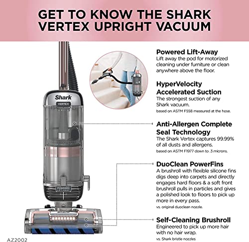 Shark AZ2000W Vertex Upright Vacuum DuoClean PowerFins Powered Lift-Away Self-Cleaning Brushroll and HEPA Filter and Active Glide Technology,Powerful LED Lights on The Nozzle, Rose Gold (Renewed)