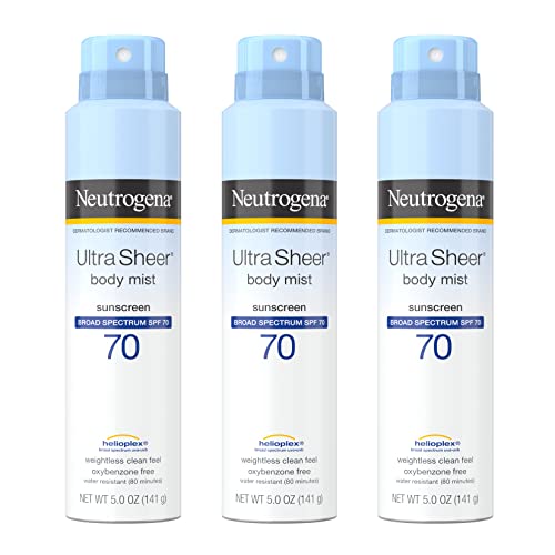 Neutrogena Ultra Sheer Body Mist Sunscreen Spray Broad Spectrum SPF 70, Lightweight, Non-Greasy & Water Resistant, Oil-Free & Non-Comedogenic UVA/UVB Sunscreen Mist, 5 oz (Pack of 3)