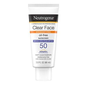 neutrogena clear face liquid lotion sunscreen for acne-prone skin, broad spectrum spf 50 uva/uvb protection, oil-, fragrance- & oxybenzone-free facial sunscreen, non-comedogenic, 3 fl. oz