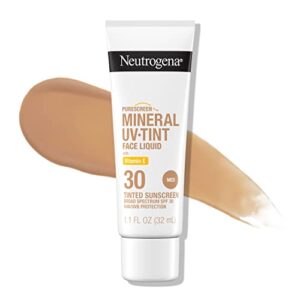 neutrogena purescreen+ tinted sunscreen for face with spf 30, broad spectrum mineral sunscreen with zinc oxide and vitamin e, water resistant, fragrance free, medium, 1.1 fl oz