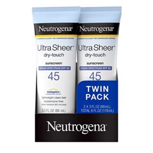 neutrogena ultra sheer dry-touch water resistant and non-greasy sunscreen lotion with broad spectrum spf 45, tsa-compliant travel size, 3 fl oz, pack of 2, 6 fl oz