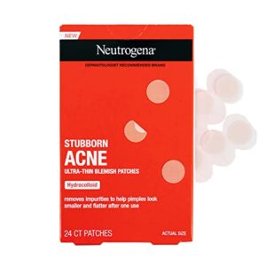 neutrogena stubborn acne pimple patches, acne treatment for face, ultra-thin hydrocolloid spot stickers provide optimal healing for pimples, 24 patches