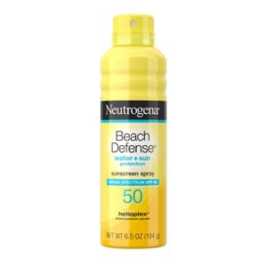 neutrogena beach defense sunscreen spray spf 50 water-resistant sunscreen body spray with broad spectrum spf 50, paba-free, oxybenzone-free & fast-drying, superior sun protection, 6.5 oz