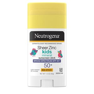 neutrogena sheer zinc oxide kids mineral sunscreen stick, broad spectrum spf 50+ & uva/uvb protection & water resistant with residue-free, no-mess application, oil- & paraben-free, 1.5 oz