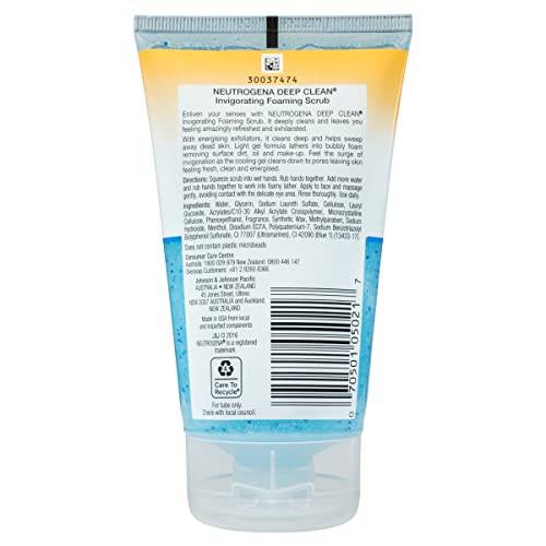 Neutrogena Deep Clean Invigorating Foaming Facial Scrub with Glycerin, Cooling & Exfoliating Gel Face Wash to Remove Dirt, Oil & Makeup, 4.2 fl. oz