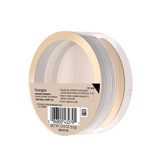 Neutrogena Mineral Sheers Lightweight Loose Powder Makeup Foundation with Vitamins A, C, & E, Sheer to Medium Buildable Coverage, Skin Tone Enhancer, Face Redness Reducer, Natural Ivory 20.19 oz