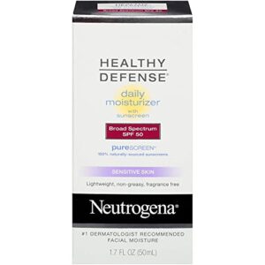 neutrogena healthy defense daily moisturizer for sensitive skin with spf 50, mineral sunscreen with zinc dioxide & titanium dioxide, oil-free & fragrance-free, 1.7 fl. oz (pack of 2)