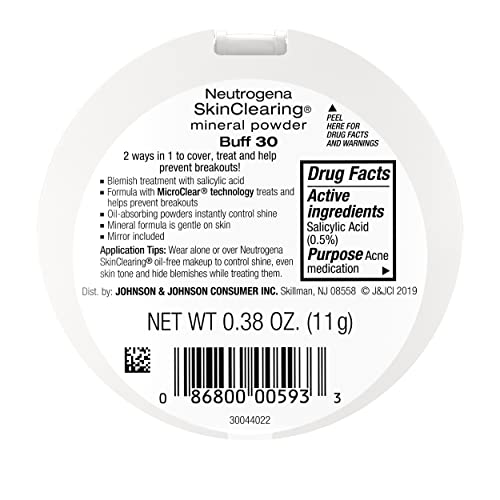 Neutrogena SkinClearing Mineral Acne-Concealing Pressed Powder Compact, Shine-Free & Oil-Absorbing Makeup with Salicylic Acid to Cover, Treat & Prevent Acne Breakouts, Buff 30, .38 oz (Pack of 2)