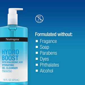 Neutrogena Hydro Boost Fragrance-Free Hydrating Facial Gel Cleanser with Hyaluronic Acid, Daily Foaming Face Wash Gel & Makeup Remover, Lightweight, Oil-Free & Non-Comedogenic, 16 fl. oz