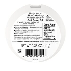 Neutrogena SkinClearing Mineral Acne-Concealing Pressed Powder Compact, Shine-Free & Oil-Absorbing Makeup with Salicylic Acid to Cover, Treat & Prevent Breakouts, Soft Beige 50.38 oz