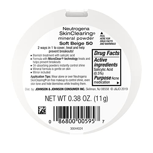 Neutrogena SkinClearing Mineral Acne-Concealing Pressed Powder Compact, Shine-Free & Oil-Absorbing Makeup with Salicylic Acid to Cover, Treat & Prevent Breakouts, Soft Beige 50.38 oz