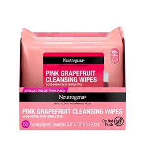 neutrogena oil free facial cleansing makeup wipes with pink grapefruit, disposable acne face towelettes to remove dirt, oil, and makeup for acne prone skin, value twin pack, 2 x 25 ct