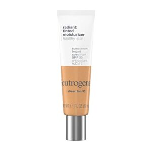 neutrogena healthy skin radiant tinted facial moisturizer with broad spectrum spf 30 sunscreen vitamins a, c, & e, lightweight, sheer, & oil-free coverage, sheer tan 30, 1.1 fl. oz