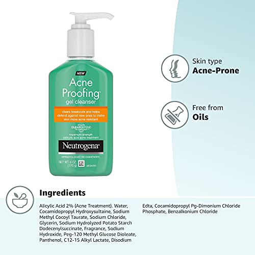 Neutrogena Acne Proofing Daily Facial Gel Cleanser with Salicylic Acid Acne Medicine, Oil-Free Acne-Fighting Face Wash, 6 oz