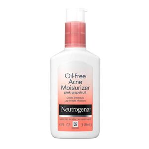 neutrogena oil free acne facial moisturizer with.5% salicylic acid acne treatment, pink grapefruit acne fighting face lotion for breakouts, non-greasy & non-comedogenic, 4 fl. oz