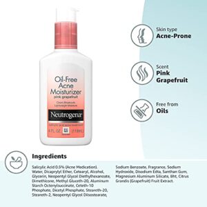 Neutrogena Oil Free Acne Facial Moisturizer with.5% Salicylic Acid Acne Treatment, Pink Grapefruit Acne Fighting Face Lotion for Breakouts, Non-Greasy & Non-Comedogenic, 4 fl. oz