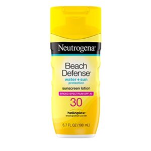 neutrogena beach defense water-resistant sunscreen lotion with broad spectrum spf 30, oil-free and paba-free oxybenzone-free sunscreen lotion, uva/uvb sun protection, spf 30, 6.7 fl. oz