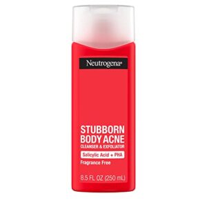 neutrogena stubborn body acne cleanser & exfoliator with salicylic acid & pha for acne-prone skin, acne treatment gently exfoliates & helps prevent breakouts, fragrance-free, 8.5 fl. oz