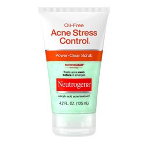 neutrogena oil-free acne stress control power-clear facial scrub, 2% salicylic acid acne treatment medication, exfoliating daily acne face scrub for acne-prone skin care, 4.2 fl. oz