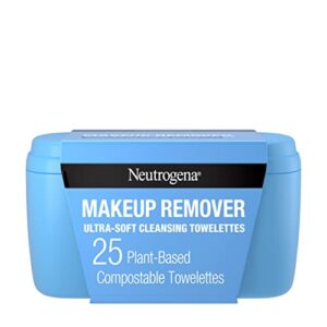 neutrogena makeup remover facial cleansing towelettes, daily face wipes remove dirt, oil, sweat, makeup & waterproof mascara, gentle, soap- & alcohol-free, 100% plant-based cloth, 25 ct