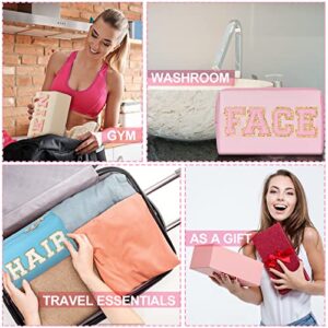 3 Pcs Patch Waterproof Toiletry Bag Preppy Makeup Bag Chenille Letters Preppy Bag Cosmetic Bag for Purse Portable Preppy Patch Bag Storage Pouch for Women (Beige, Light Blue, Pink, PU Leather)