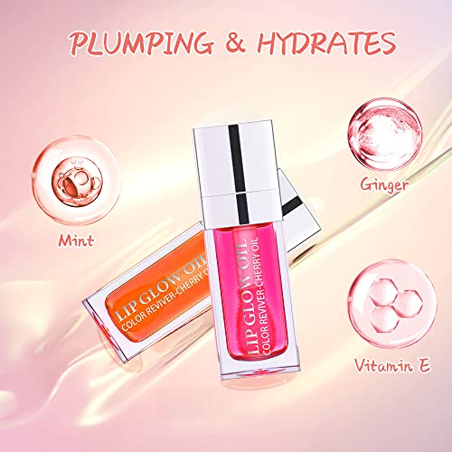 ZARICS Plumping Lip Oil, Hydrating Lip Gloss Tinted Lip Balm Lip Care Transparent Toot Lip Oil, Lasting Nourishing Lip Glow Oil Non-sticky Big Brush Glitter Primer Lip Tint (RASPBERRY)