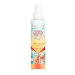 pacifica beauty, indian coconut nectar hair perfume & body mist, coconut and creamy vanilla scent, natural + essential oils, alcohol free, 100% vegan and cruelty free, clean fragrance