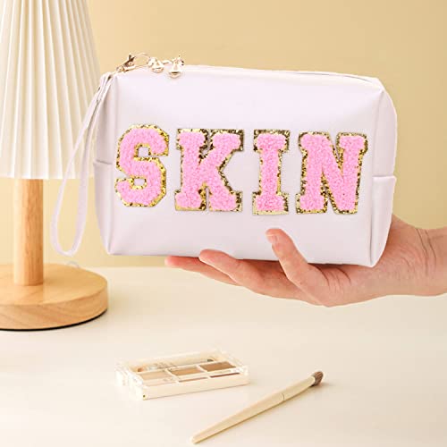 oaesc Cosmetic Bag Chenille Letter Patches Waterproof Travel Pouch PU Makeup with Wrist Strap Bags (Beige-SKIN)