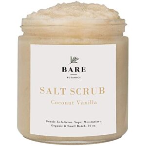 bare botanics natural body scrub (coconut vanilla) – gentle exfoliator & super moisturizer | includes a wooden spoon | no synthetic fragrances, no nut oils, ready to gift | net weight 24oz