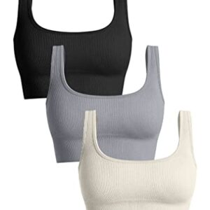 OQQ Women's 3 Piece Medium Support Tank Top Ribbed Seamless Removable Cups Workout Exercise Sport Bra Black Grey Beige